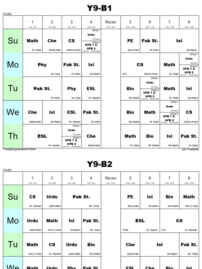 Y9-Boys Timetables 8th Sep | PDF