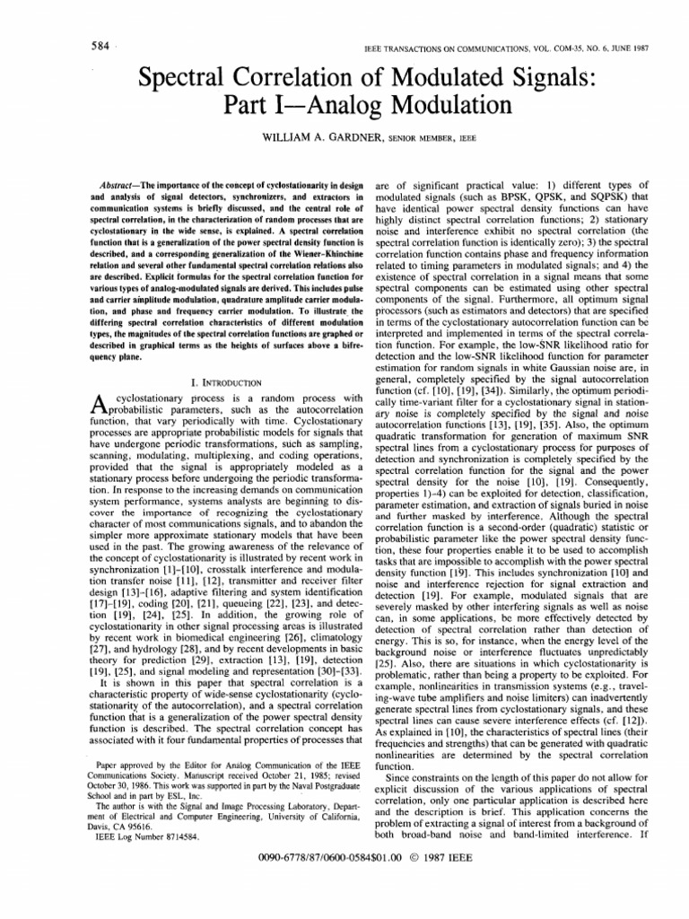 Spectral Correlation of Modulated Signals Part I - Analog Modulation | PDF