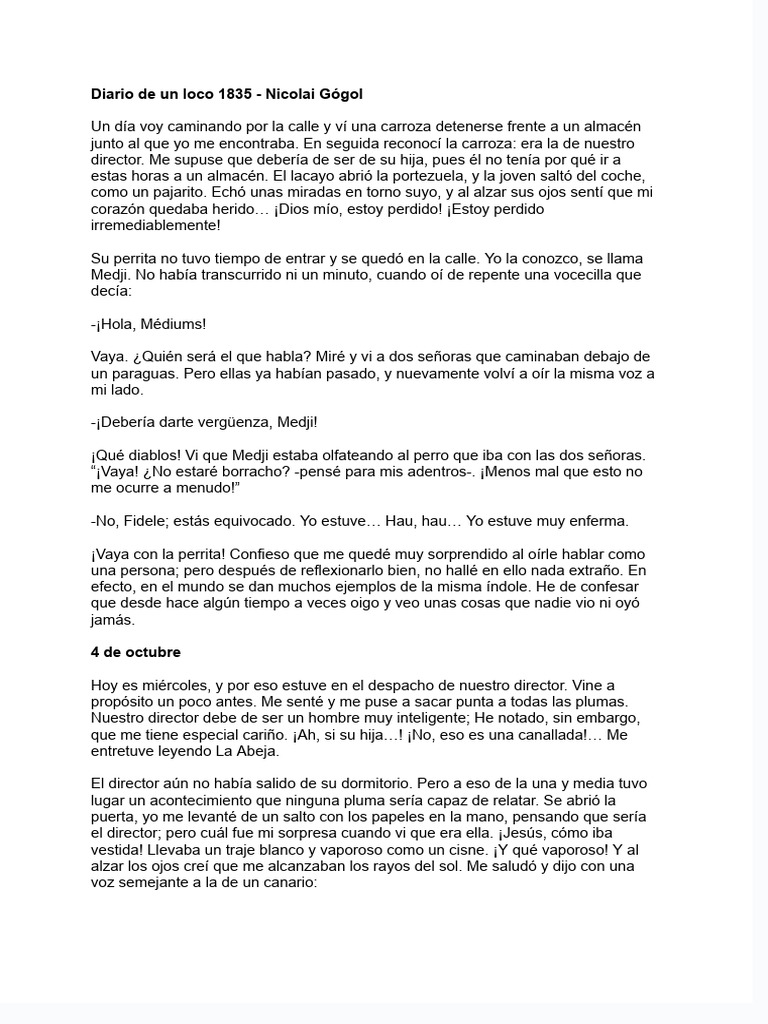 Resumen del cuento Diario de un loco (1835) | PDF