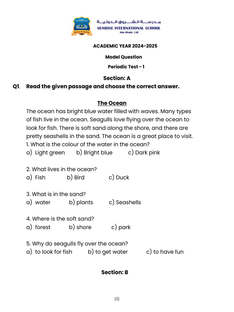 Section: A Q1 Read The Given Passage and Choose The Correct Answer. The Ocean | PDF