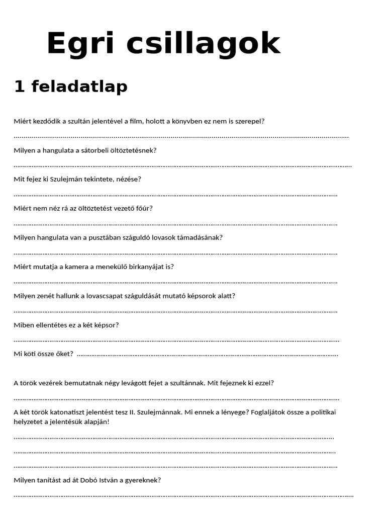 Feladatlap Egri Csillagok | PDF