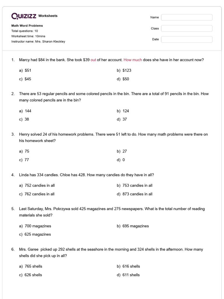Math Word Problems - Quizizz | PDF