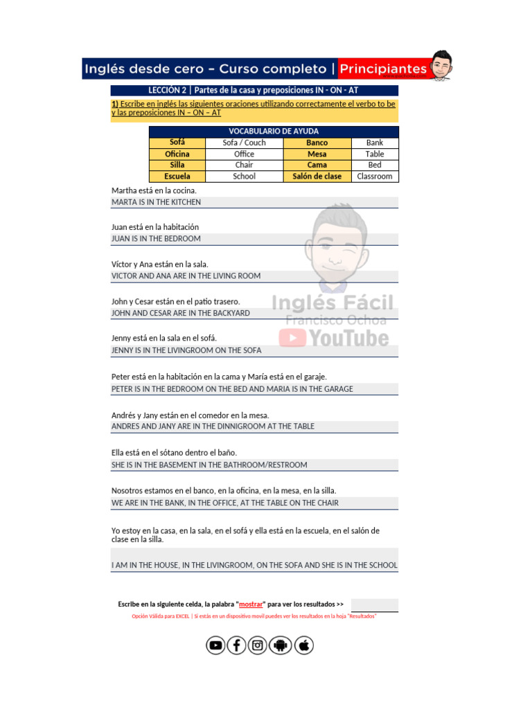 Lección 2 - Partes de La Casa y Preposiciones in On at | PDF