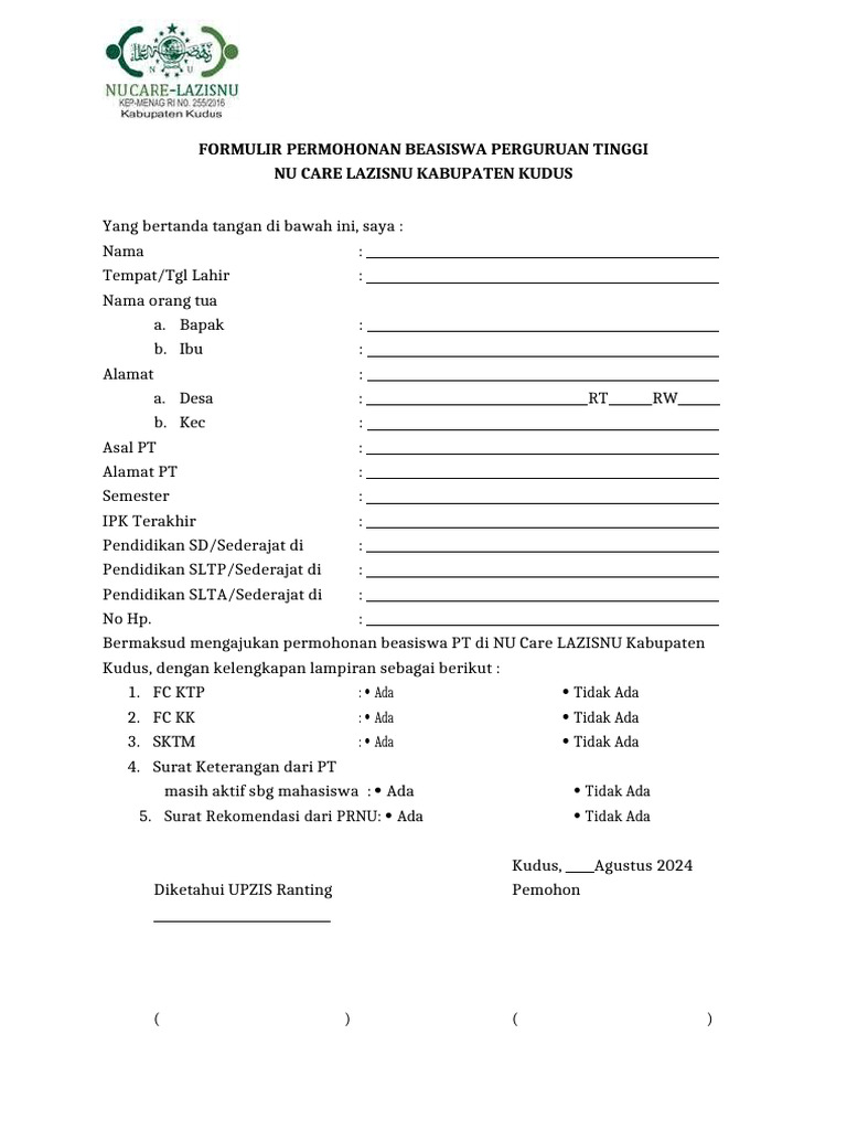 Formulir Pengajuan Penerima ZIS | PDF