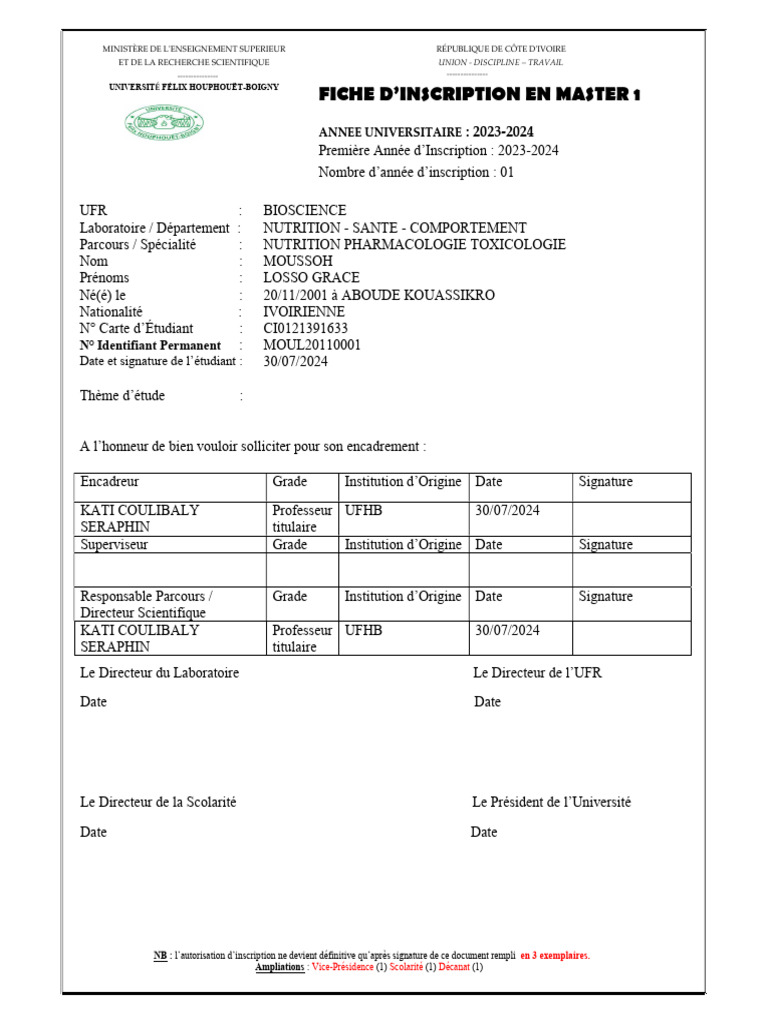 MASTER 1 & 2 - FICHE D'INSCRIPTION | PDF