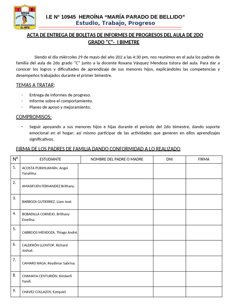 Acta de Entrega de Boletas de Informes de Progresos Del Aula de 2do Grado | PDF
