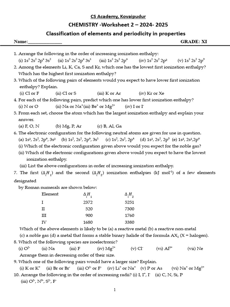 Worksheet - 2 - Classification of Elements | PDF