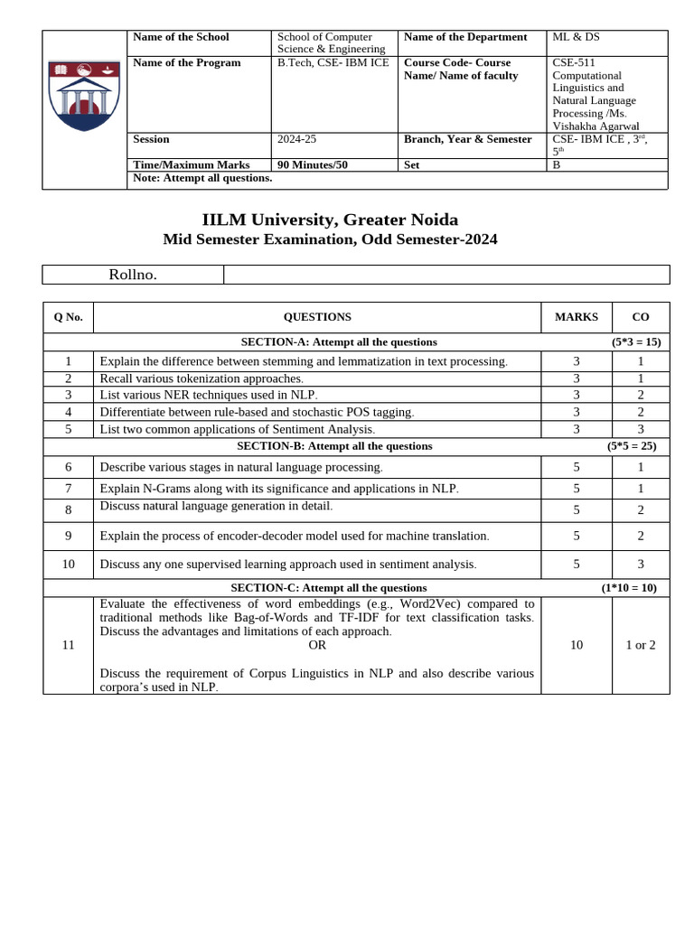 CSE-511 NLP Set B MId-sem QP | PDF