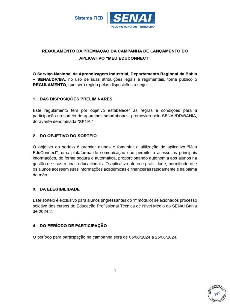 Regulamento Senai Programa Sorteio Educonnect 2024.2 1 | PDF
