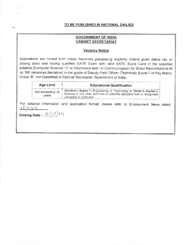 Cabinet Secretariat DFO Tech Recruitment 2024 Notification | PDF