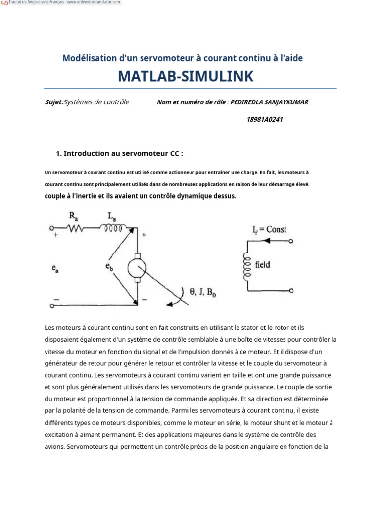 Matlab-Simulink: Modélisation D'un Servomoteur À Courant Continu À L'aide | PDF