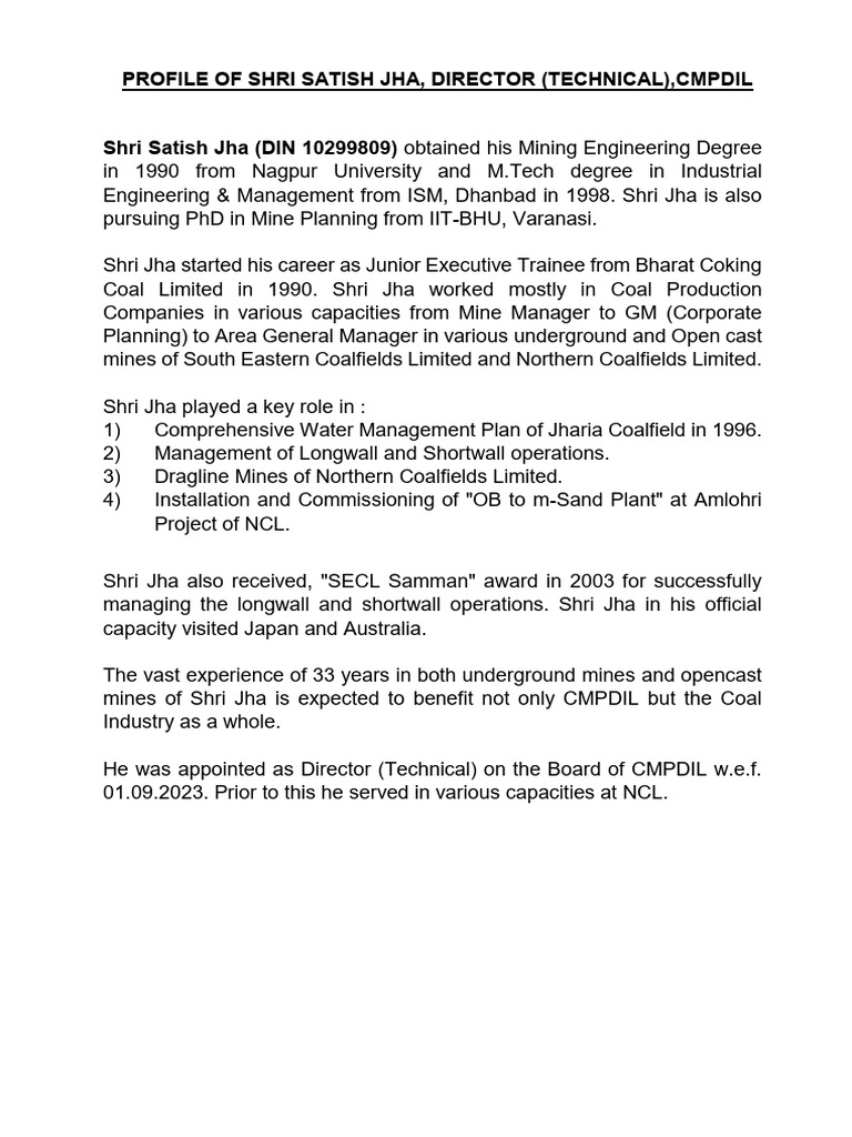 English Profile of Shri Satish Jha | PDF