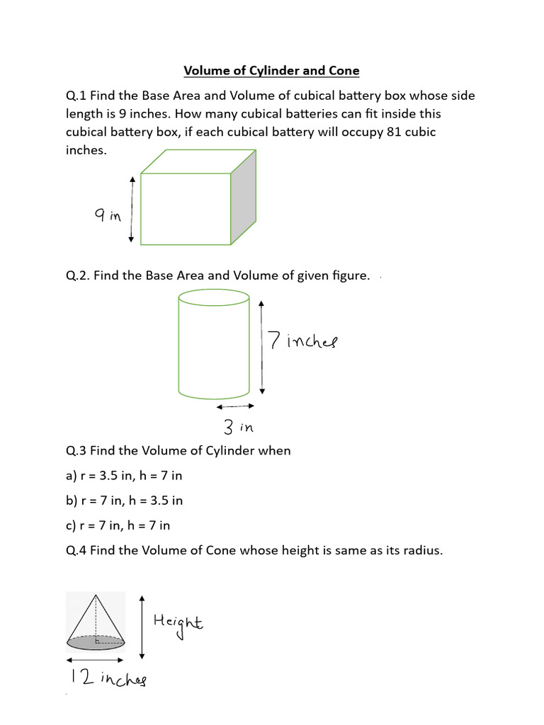 Volume of Cylinder, Cone and Sphere Worksheet | PDF