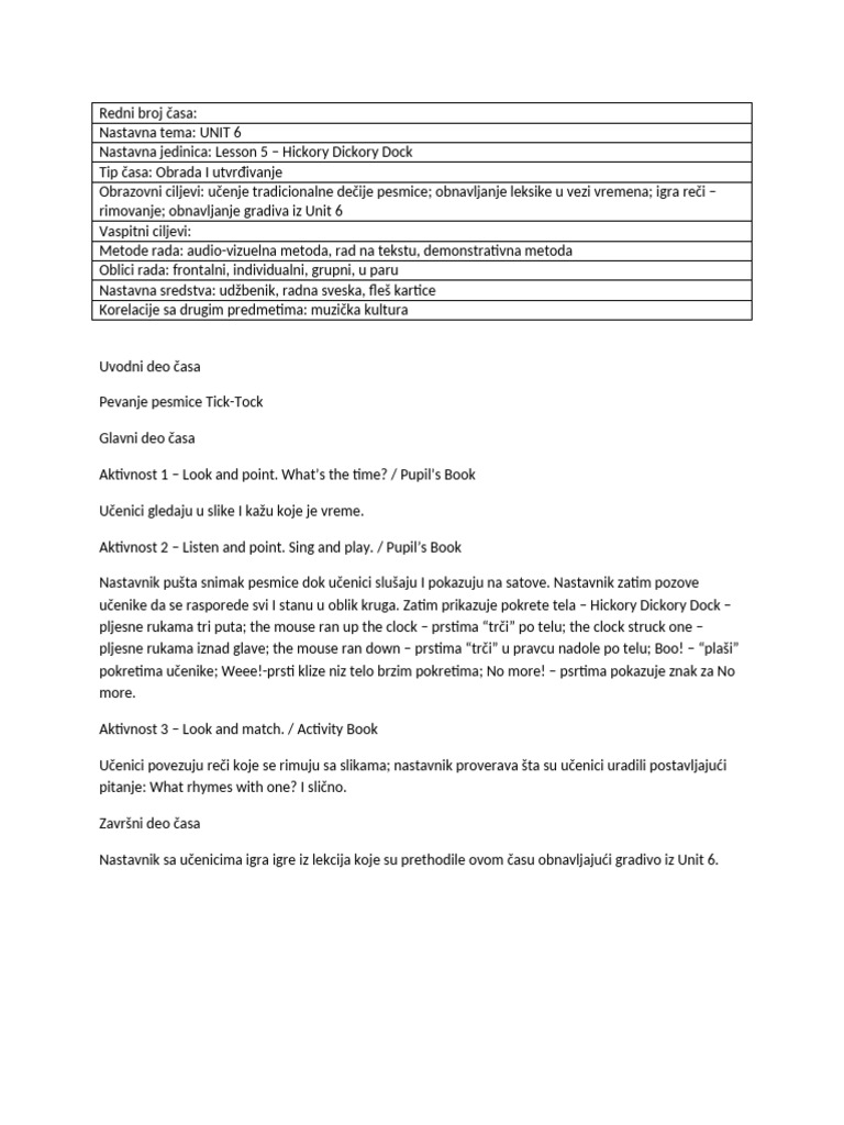 Unit 6 Lesson 5 - Hickory Dickory Dock | PDF