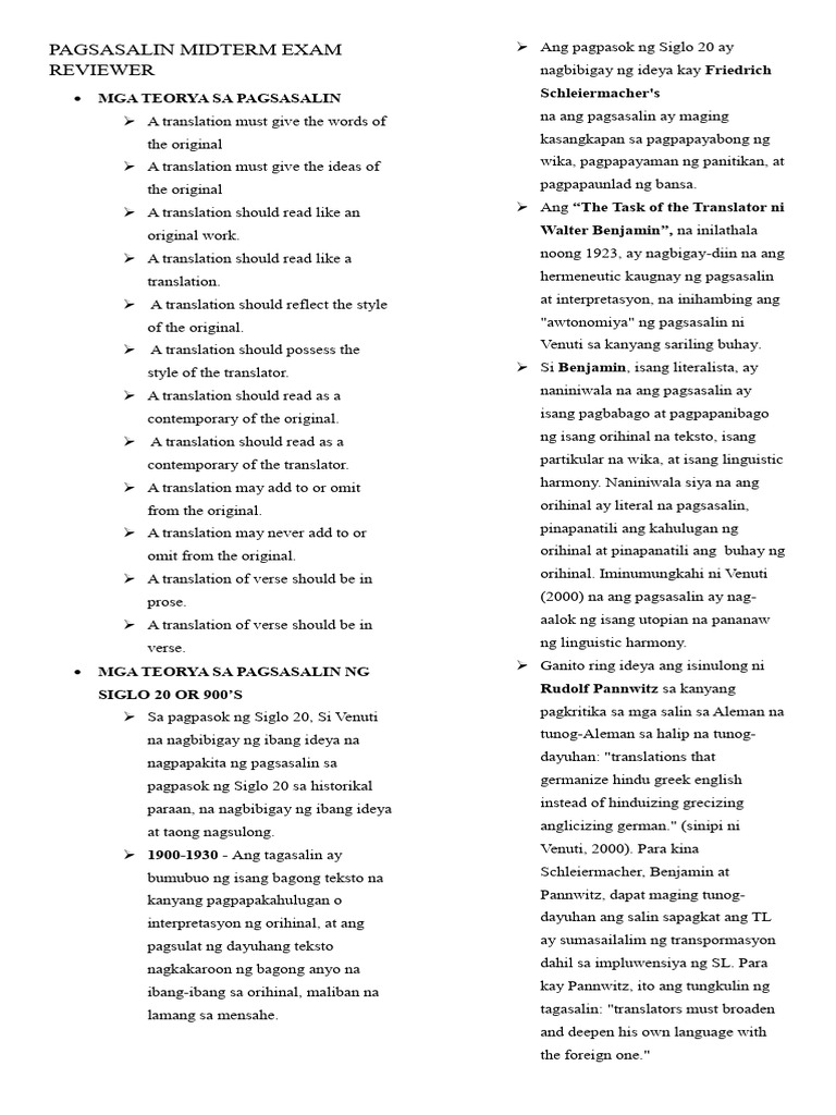 Pagsasalin Midterm Exam Reviewer | PDF