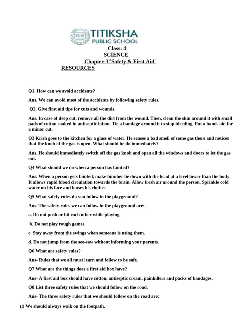 Safety And First Aid For Class 4 Worksheet With Answers Fire Safety