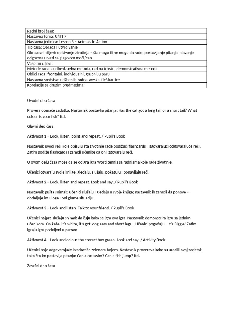 Unit 7 Lesson 3 - Animals in Action | PDF