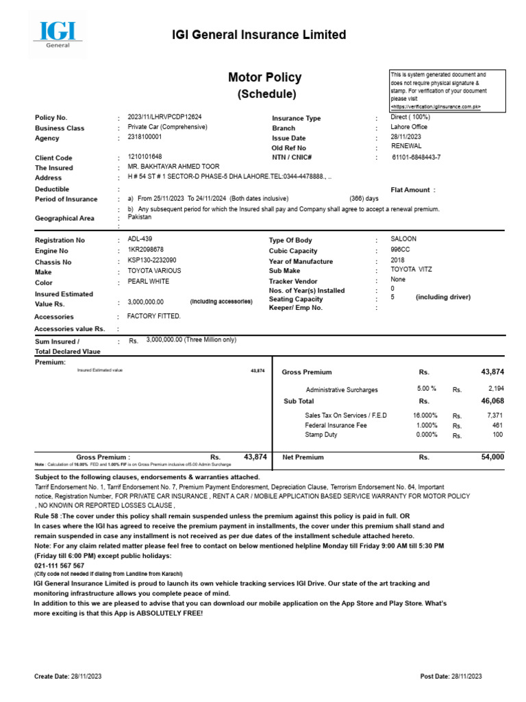 IGI General Insurance Limited: (Schedule) | PDF
