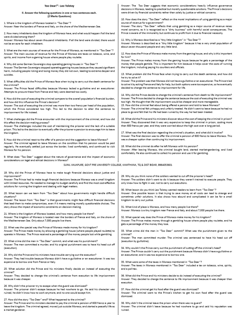 Too Dear 2,3 & 4 Marks | PDF