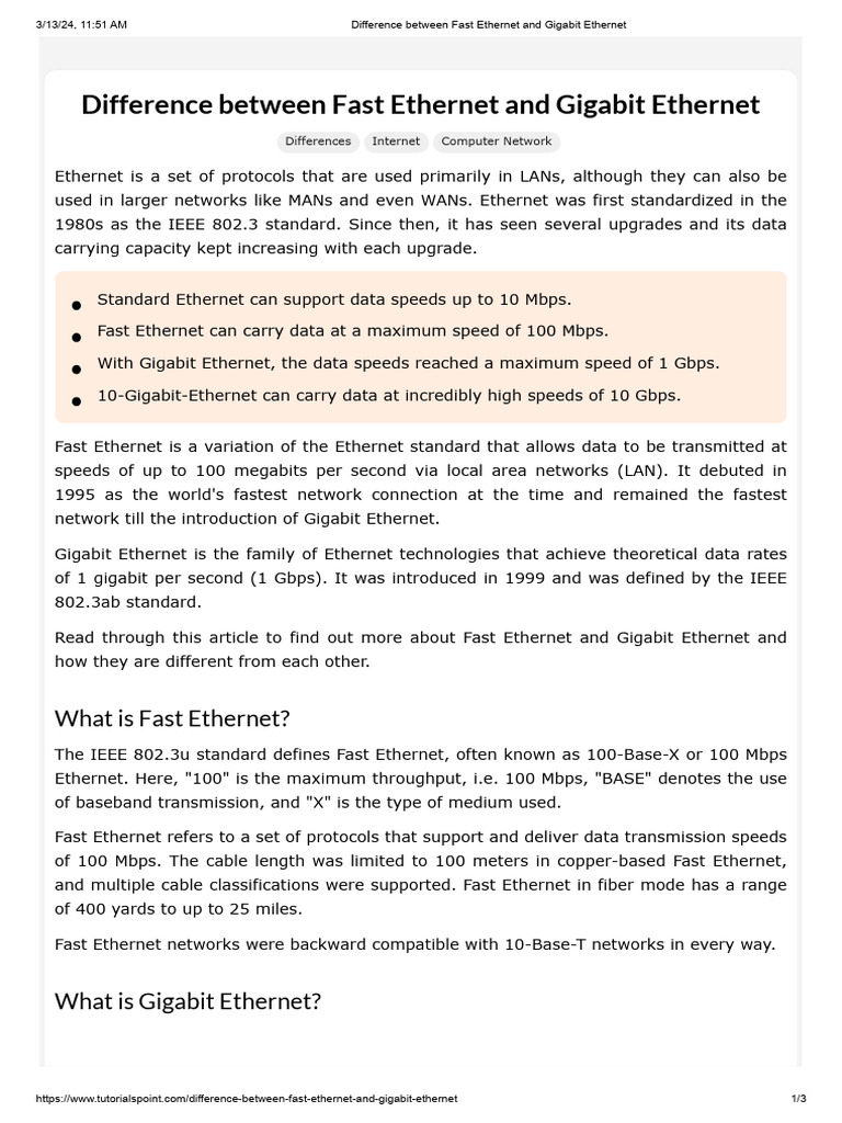 Difference Between Fast Ethernet and Gigabit Ethernet | PDF
