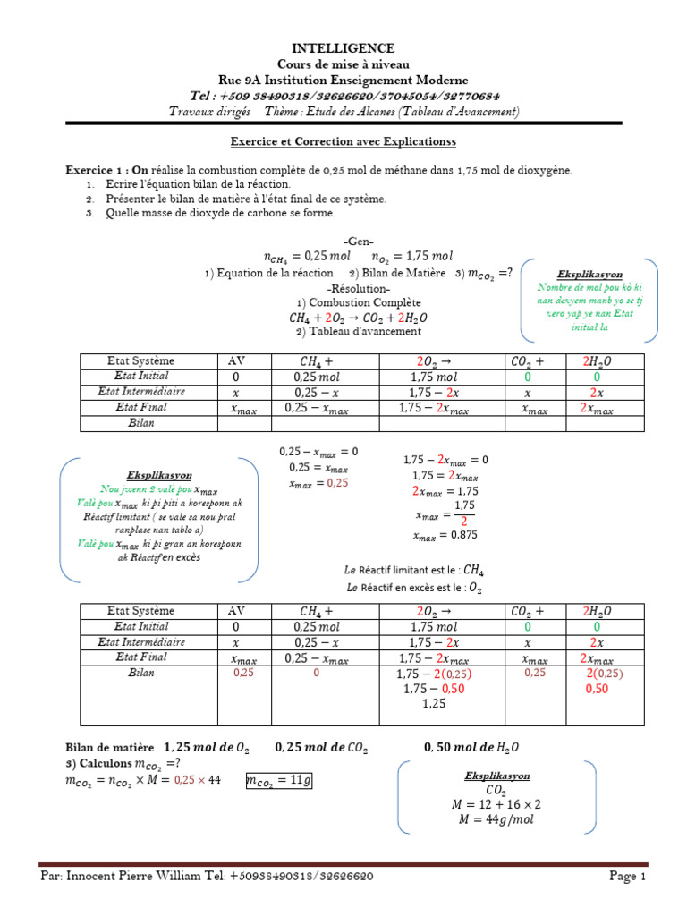 Exercice1 Corrige Sur Tableau D'avancement Alcanes-1 | PDF