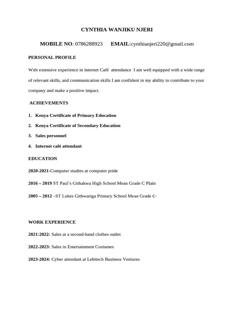 Cynthia Wanjiku Cv-1 | PDF