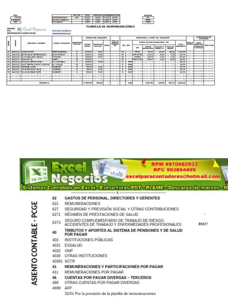 Planilla Remuneraciones Excel Asiento Contable | PDF