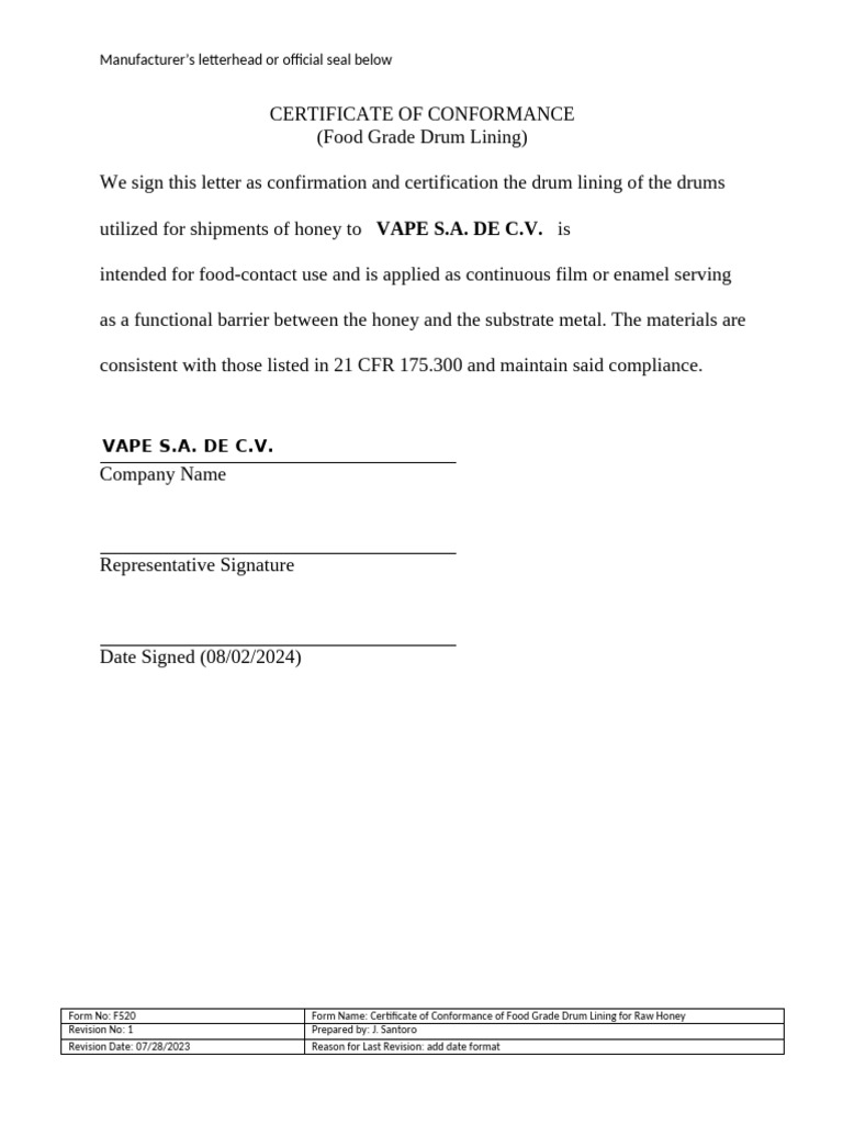 F520 Certificate of Conformance of Food Grade Drum Lining For Raw Honey ...