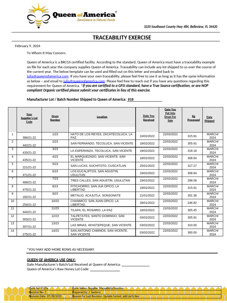 F525a Supplier Traceability Exercise LOTE VF 018 (22-03-2022) | PDF