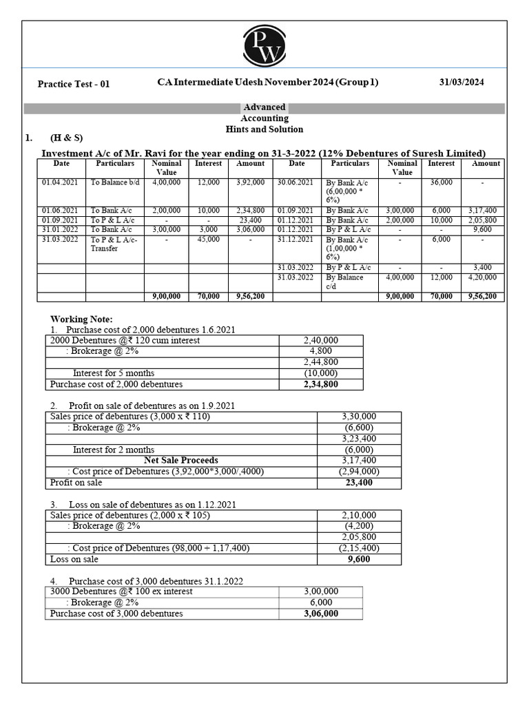 PW Practice Test-1 Solution | PDF | Equity (Finance) | Finance & Money ...