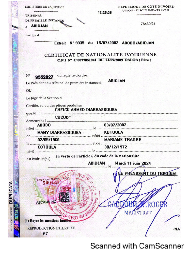Certificat de Nationalité Ivoirienne | PDF