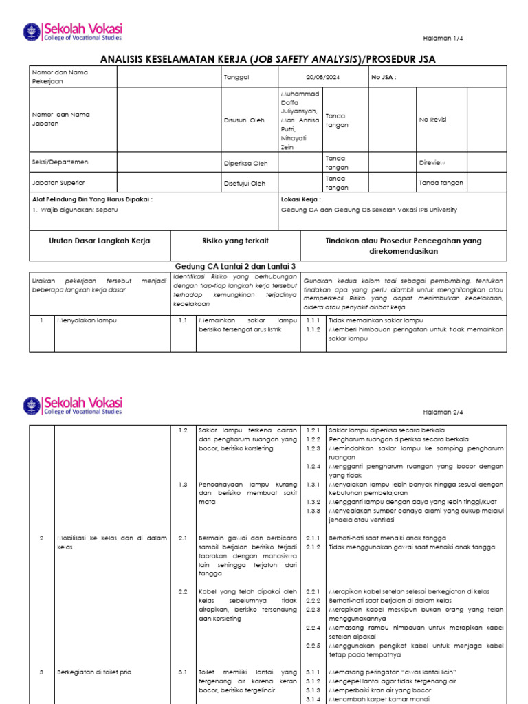 Tabel Tugas JSA Kel 6 - CA CB Lantai 2 Dan 3 | PDF