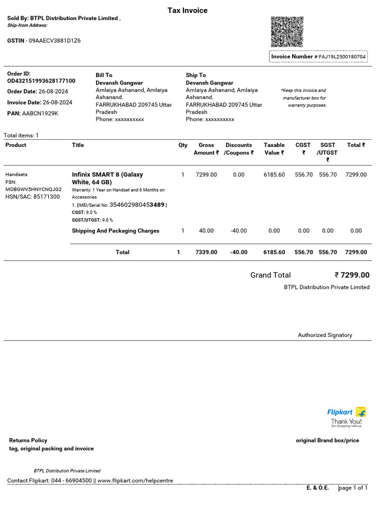 BTPL Distribution Invoice Details | PDF | Taxes