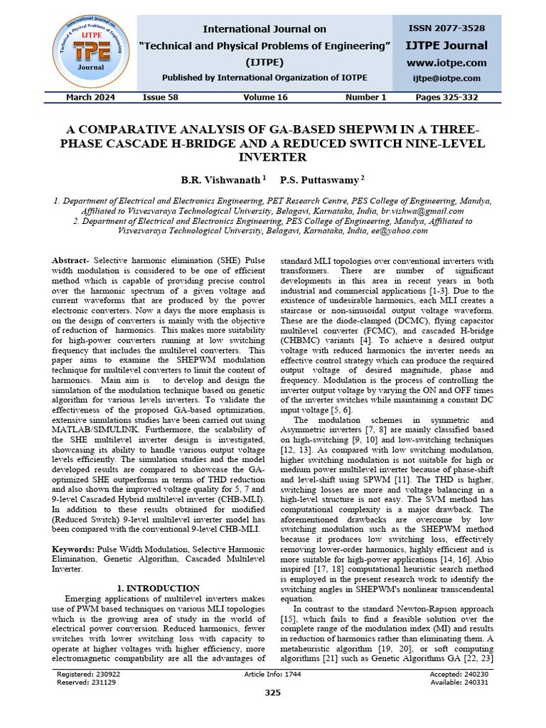 A Comparative Analysis of Ga-Based Shepwm in A Three-Phase Cascade H-Bridge and A Reduced Switch ...