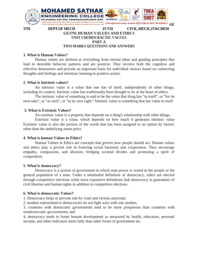 Ge3791 Human Values and Ethics Question Bank 2 Marks With Answers and 16 Marks Questions | PDF