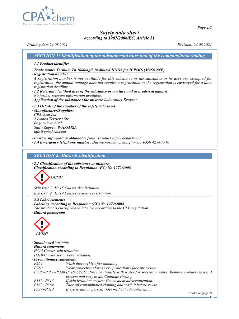 SD - Terbium TB 1000mg L in Diluted HNO3 For ICP MS (M258 2NP) (EU) | PDF