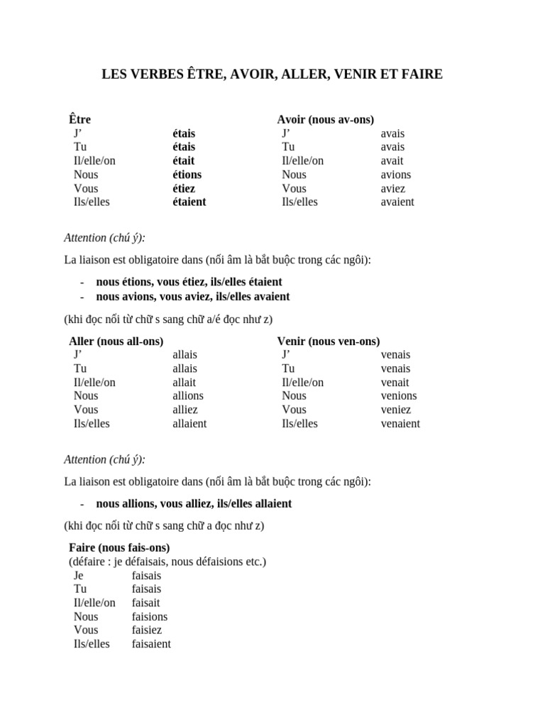 Être, Avoir, Aller, Venir, Faire (Imp) | PDF