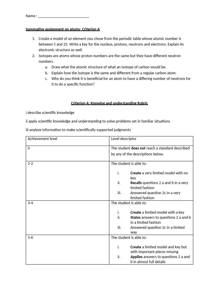 Summative Assignment On Atoms Criterion A | PDF