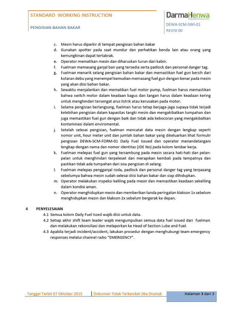 DEWA-SCM-SWI-01-R0 Pengisian Bahan Bakar | PDF