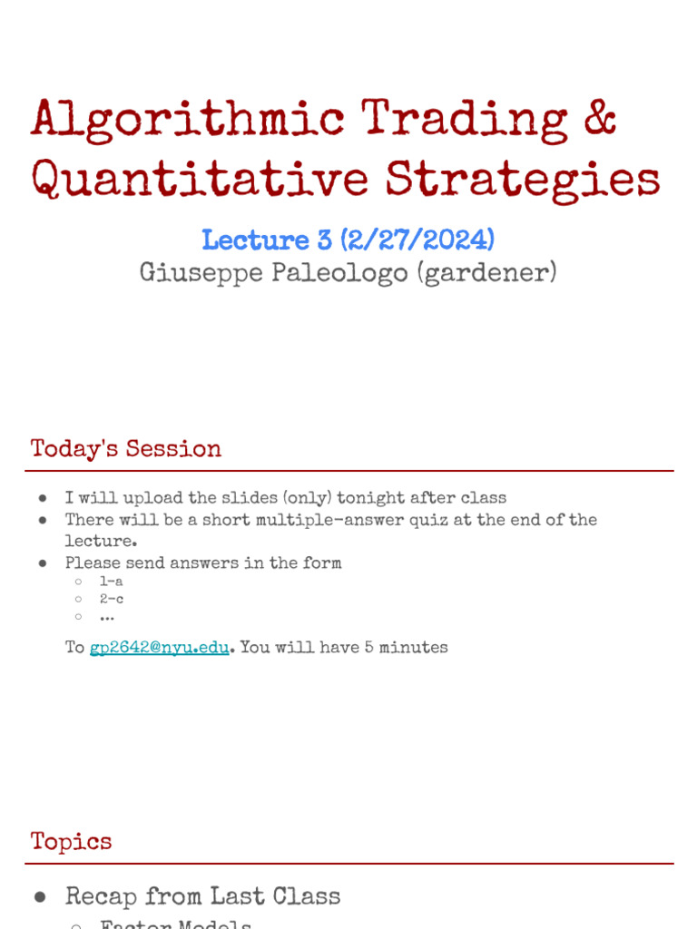 Algorithmic Trading & Quantitative Strategies Gappy Lecture 3 | PDF