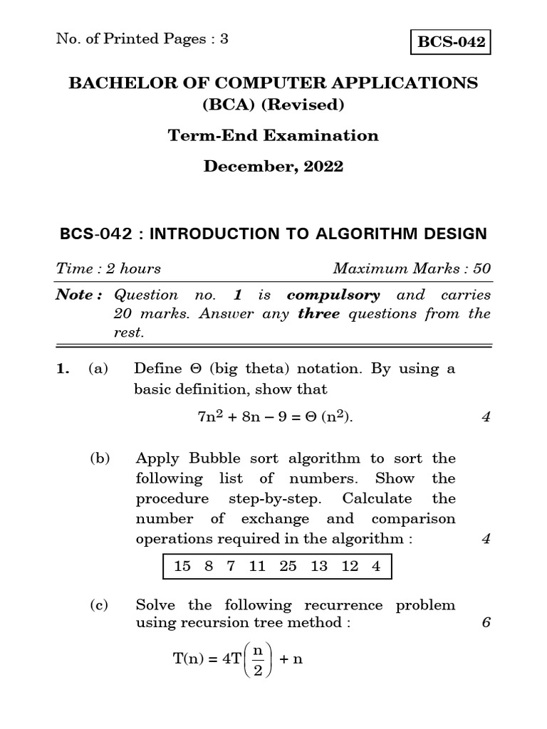 BCS-042 Algorithm Design Exam Paper | PDF | Algorithms | Graph Theory