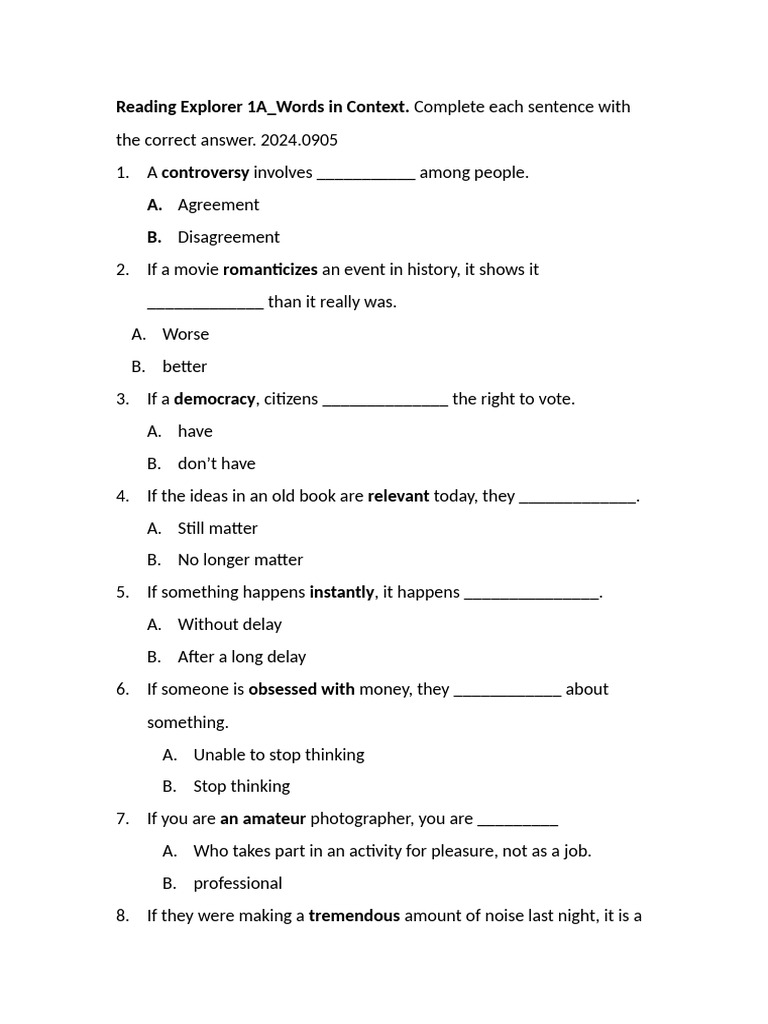 Reading Explorer 4 1A - The Visual Village Vocabulary Quiz | PDF