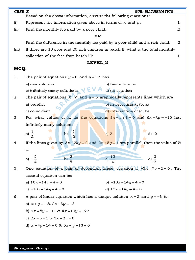Linear Equations in Two Variables - Level 2 - Assignment | PDF | Equations | System Of Linear ...