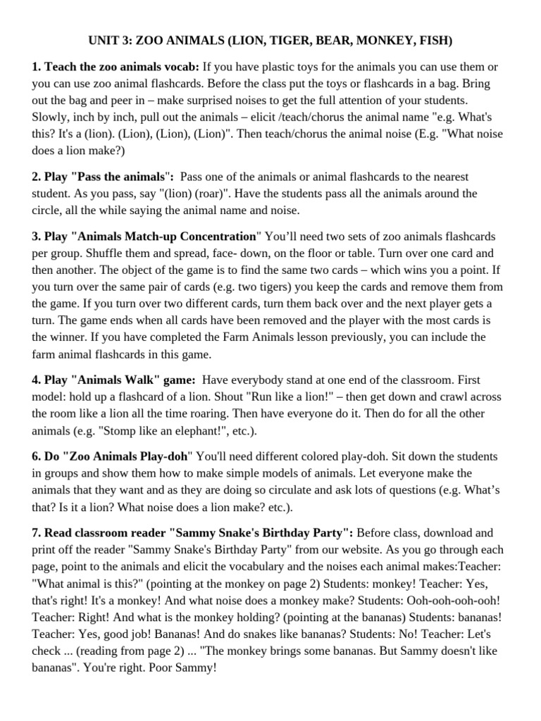 Unit 3 Zoo Animals Lesson Plan | PDF
