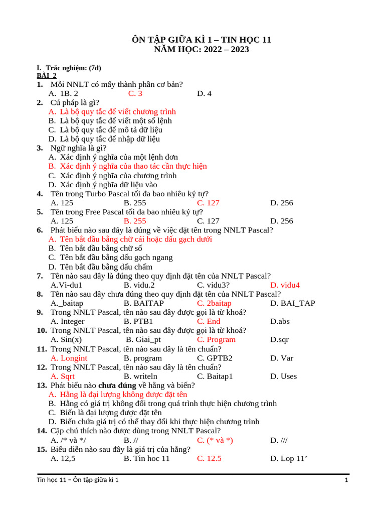 Tin Hoc 11-On Tap Gk1 | PDF