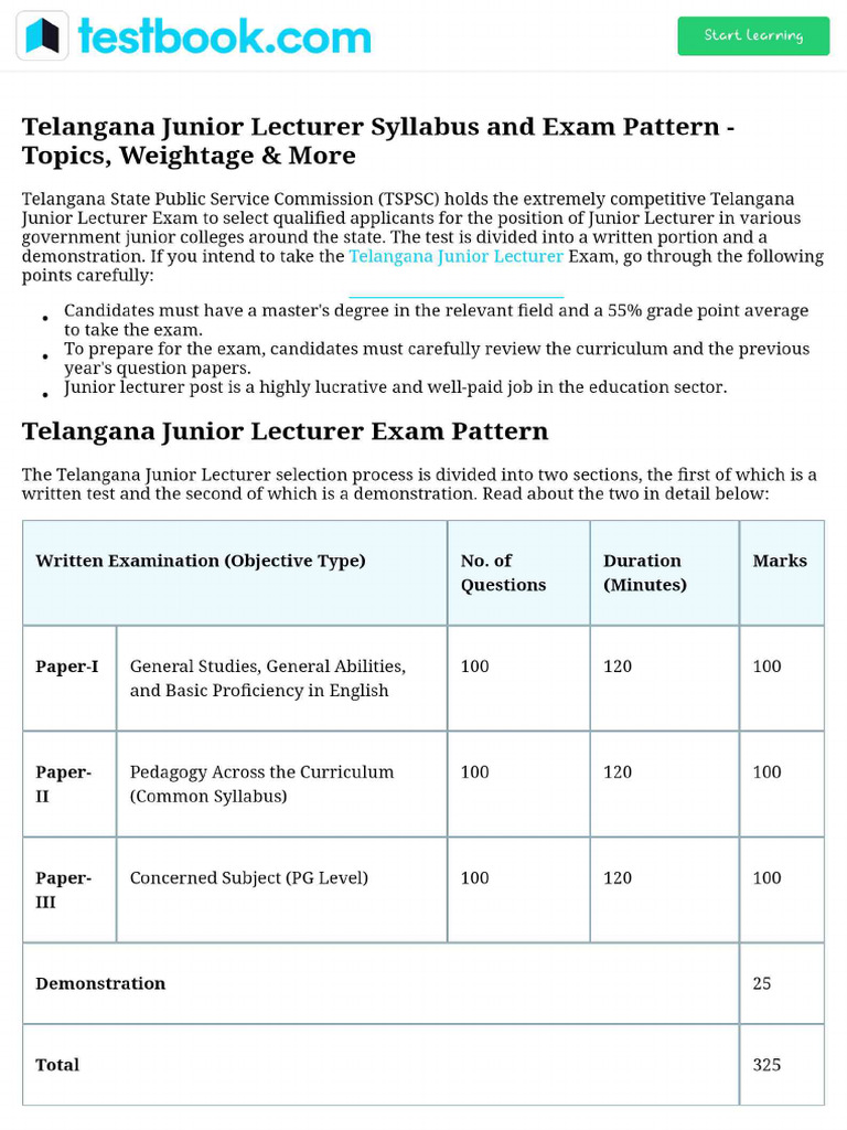Telangana Junior Lecturer Syllabus and Exam Pattern - Topics, Weightage ...