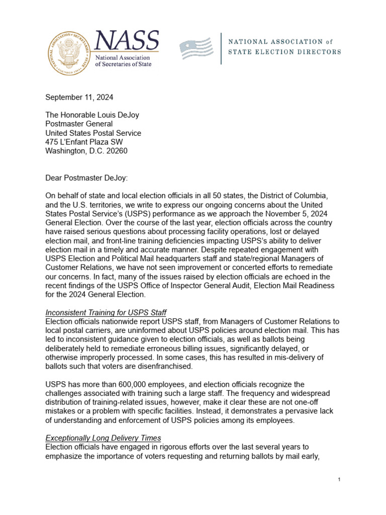 9.11.24 NASS - NASED Letter To US Postmaster DeJoy | PDF | United ...