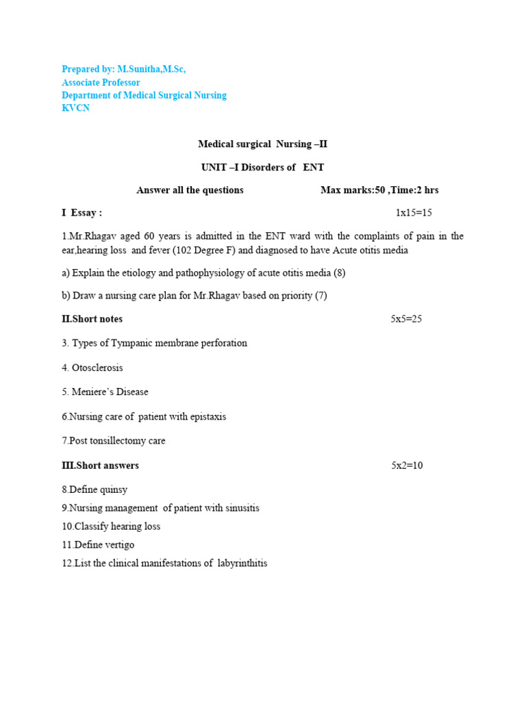 E Question Paper Unit Ent Disorders | PDF | Human Nose | Ear