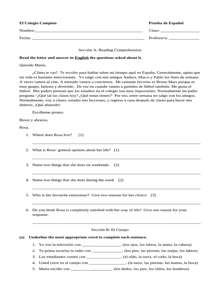 Spanish Test Re Opinions Describing Life and The Body | PDF