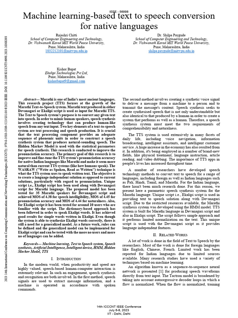 Machine Learning-Based Text To Speech Conversion For Native Languages | PDF